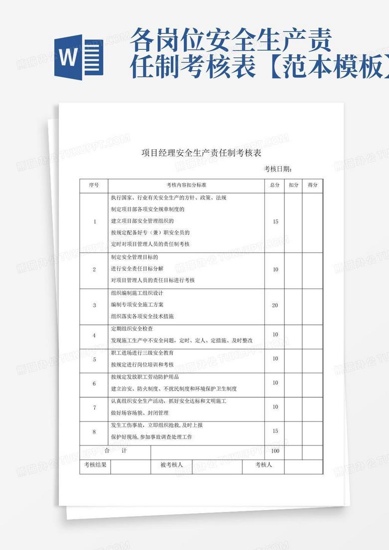 各岗位安全生产责任制考核表范本Word模板下载 编号qbjdgybw 熊猫办公