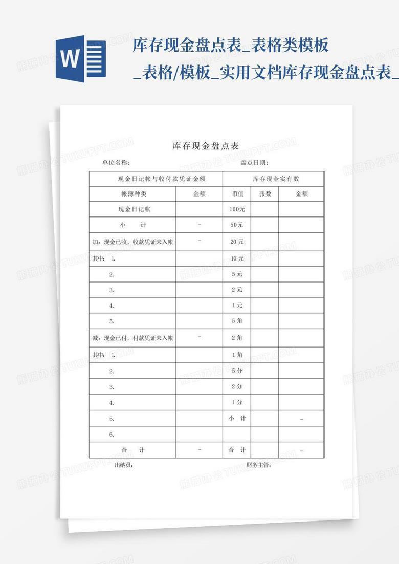 库存现金盘点表 表格类 表格 实用文档 库存现金盘点表 百 Word模板下载 编号lxraepnr 熊猫办公
