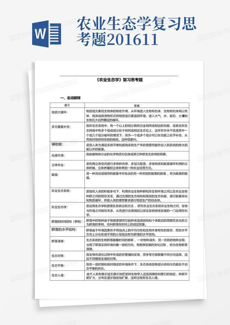 农业生态学复习思考题2016 11Word模板下载 编号lxenzxvp 熊猫办公