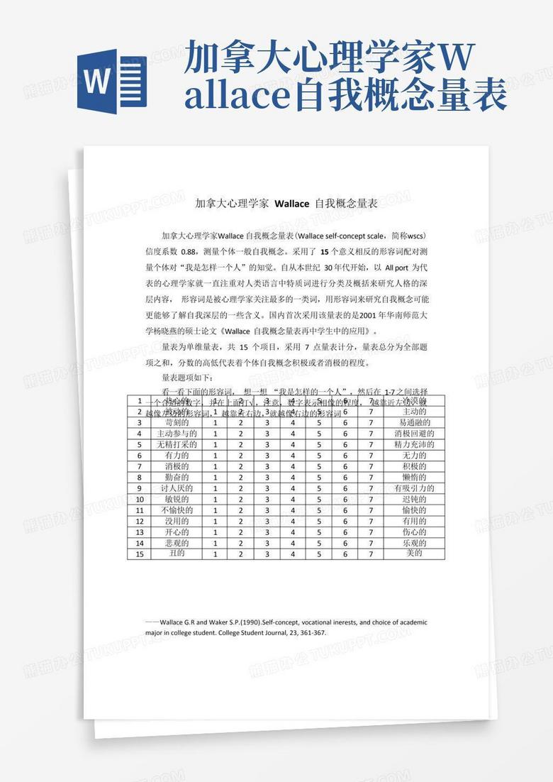 加拿大心理学家wallace自我概念量表Word模板下载 编号lamkwxzj 熊猫办公