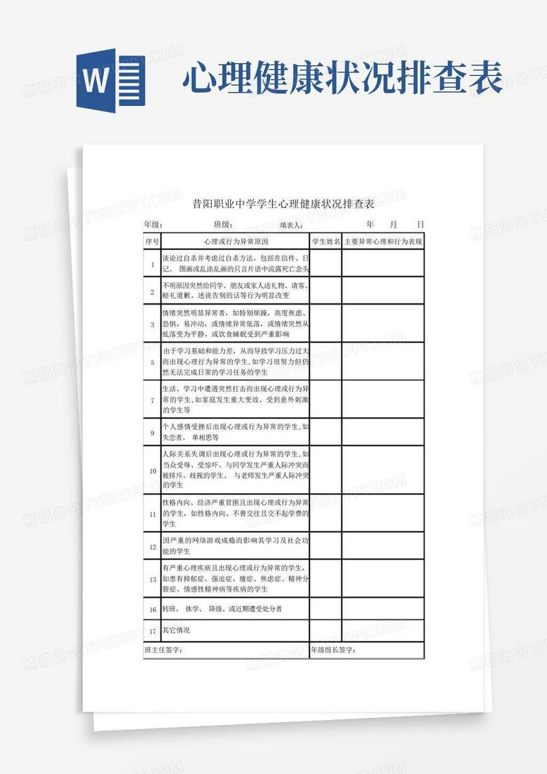 心理健康状况排查表Word模板下载 编号lomarnva 熊猫办公