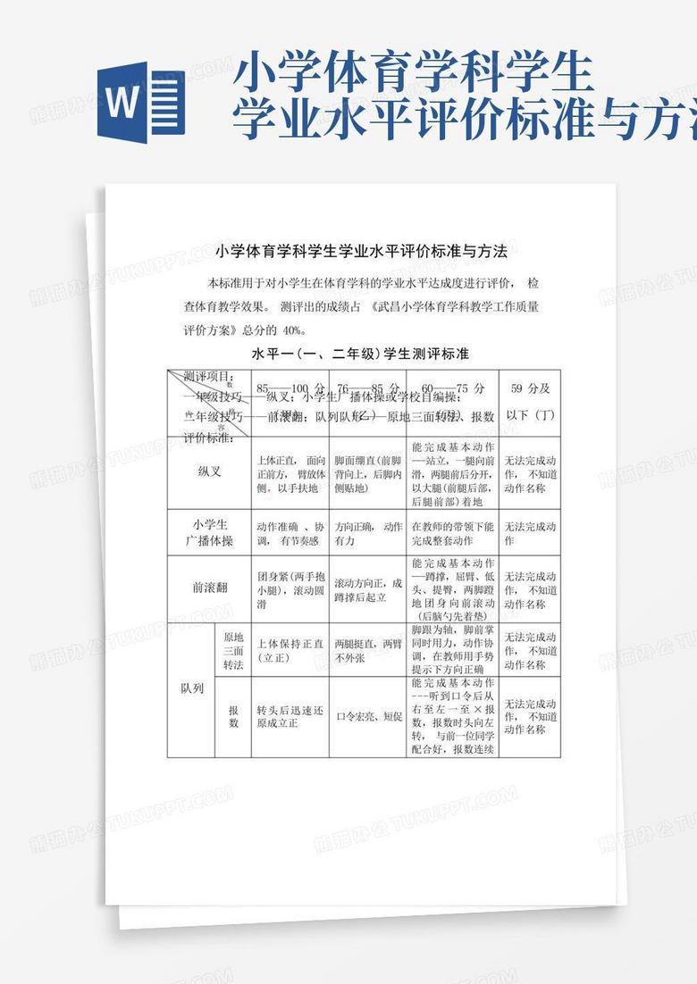 小学体育学科学生学业水平评价标准与方法Word模板下载 编号lomkvpbw 熊猫办公