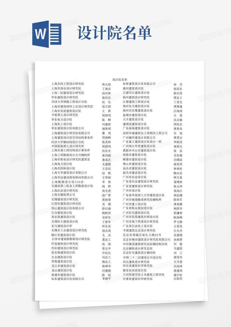 设计院名单Word模板下载 编号qebpznjg 熊猫办公