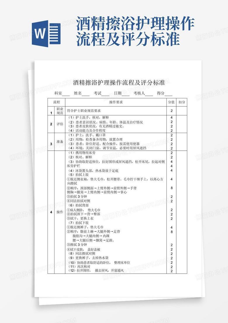 酒精擦浴护理操作流程及评分标准Word模板下载 编号qwrmpwgv 熊猫办公