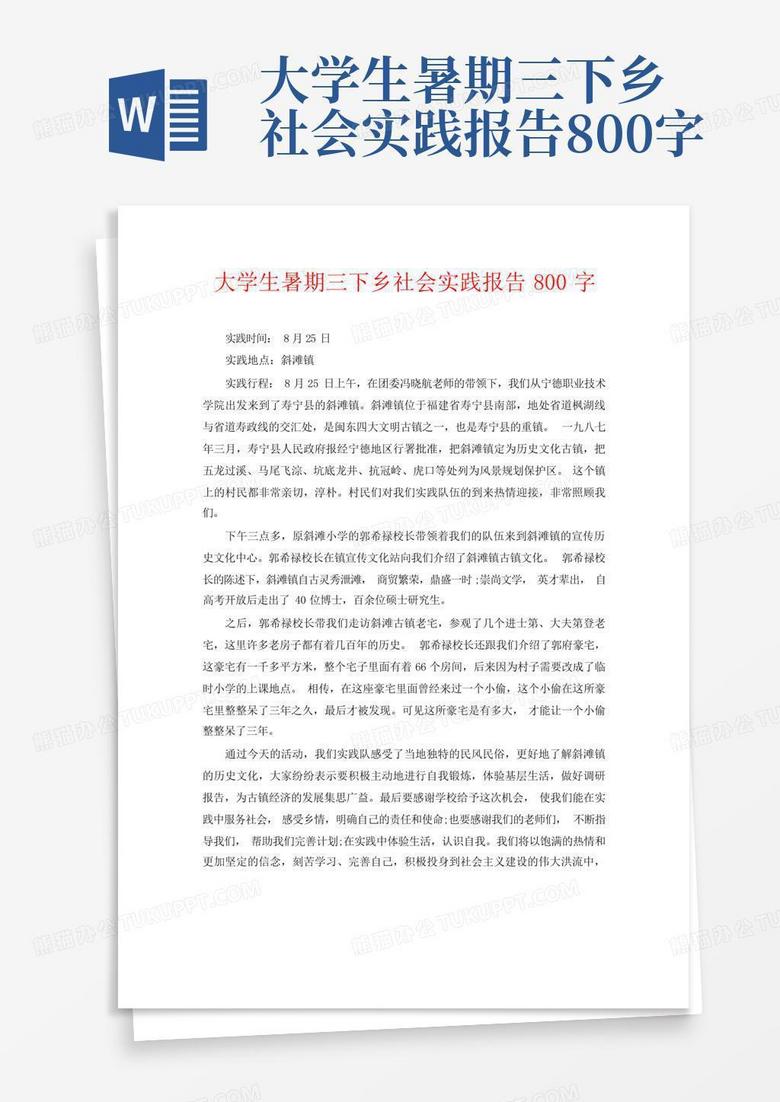 大学生暑期三下乡社会实践报告800字Word模板下载 编号qboygeon 熊猫办公