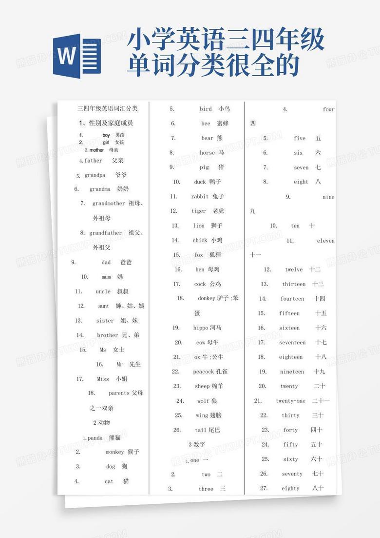 小学英语三四年级单词分类很全的Word模板下载 编号qkgmzbxk 熊猫办公