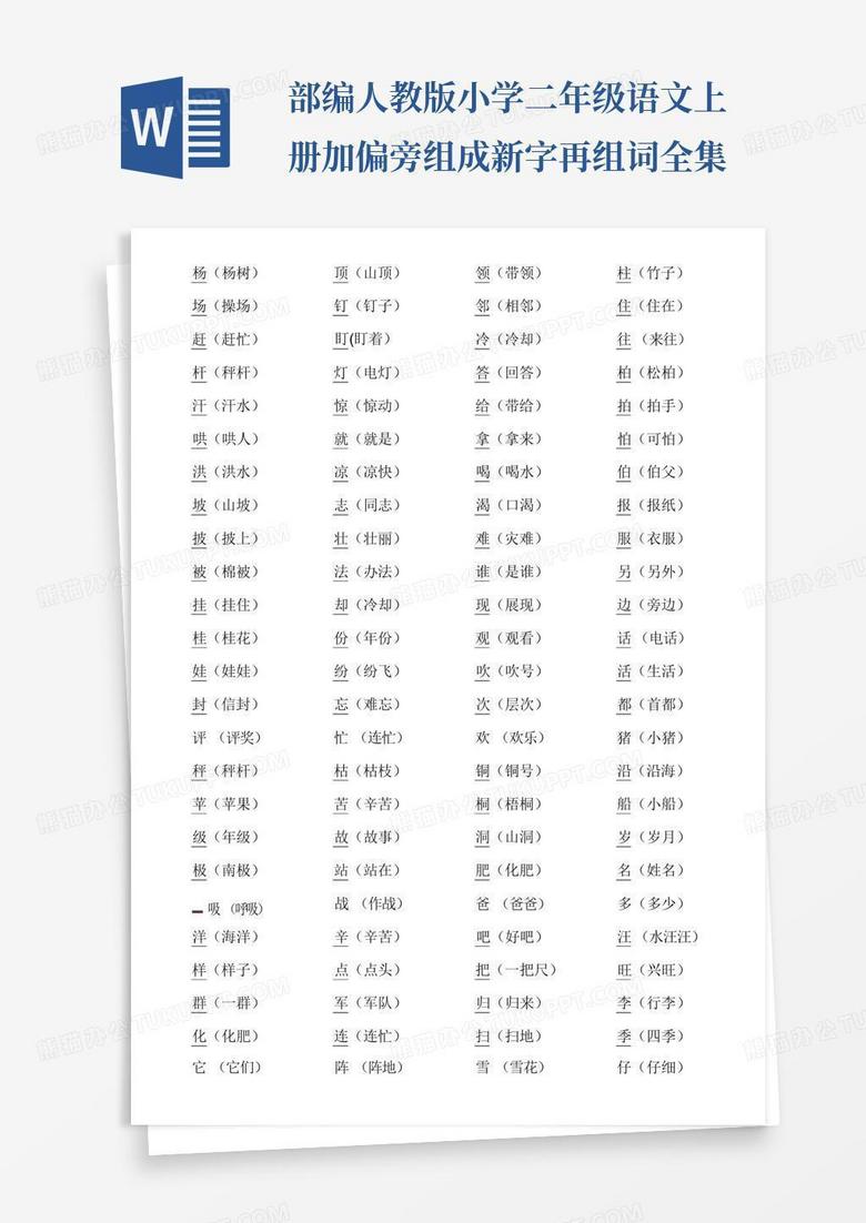 部编人教版小学二年级语文上册加偏旁组成新字再组词全集Word模板下载 编号qzpznxkj 熊猫办公