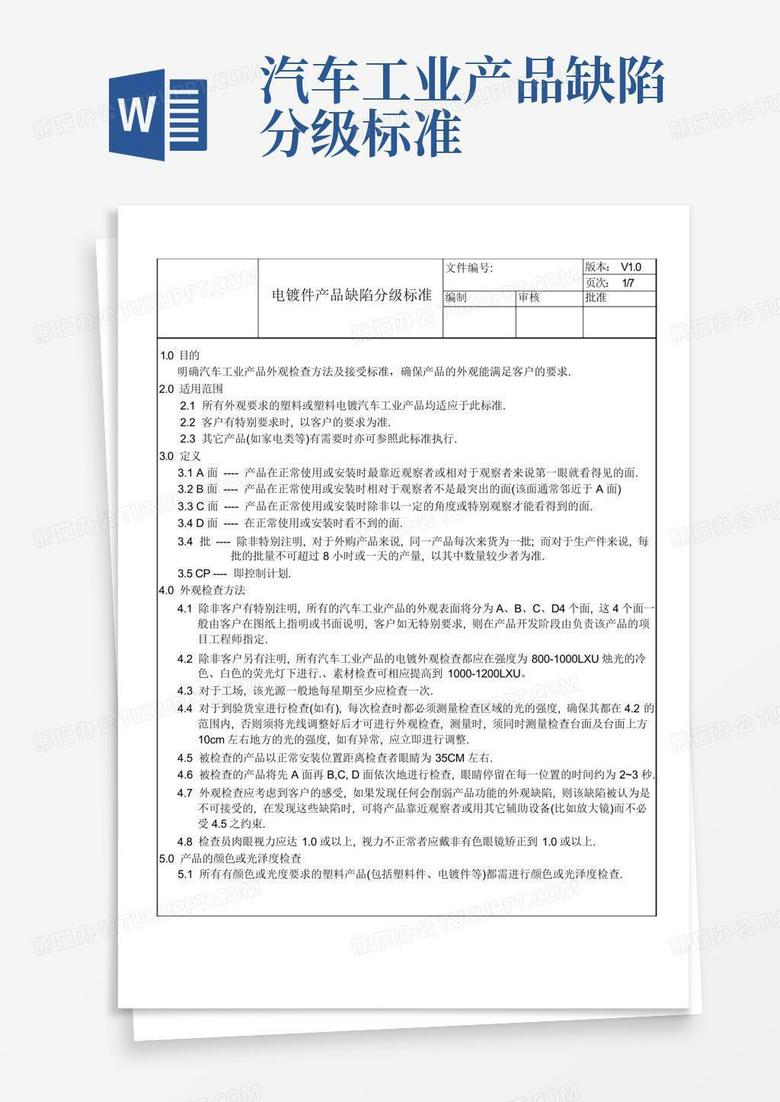 汽车工业产品缺陷分级标准Word模板下载 编号lxebbrwm 熊猫办公