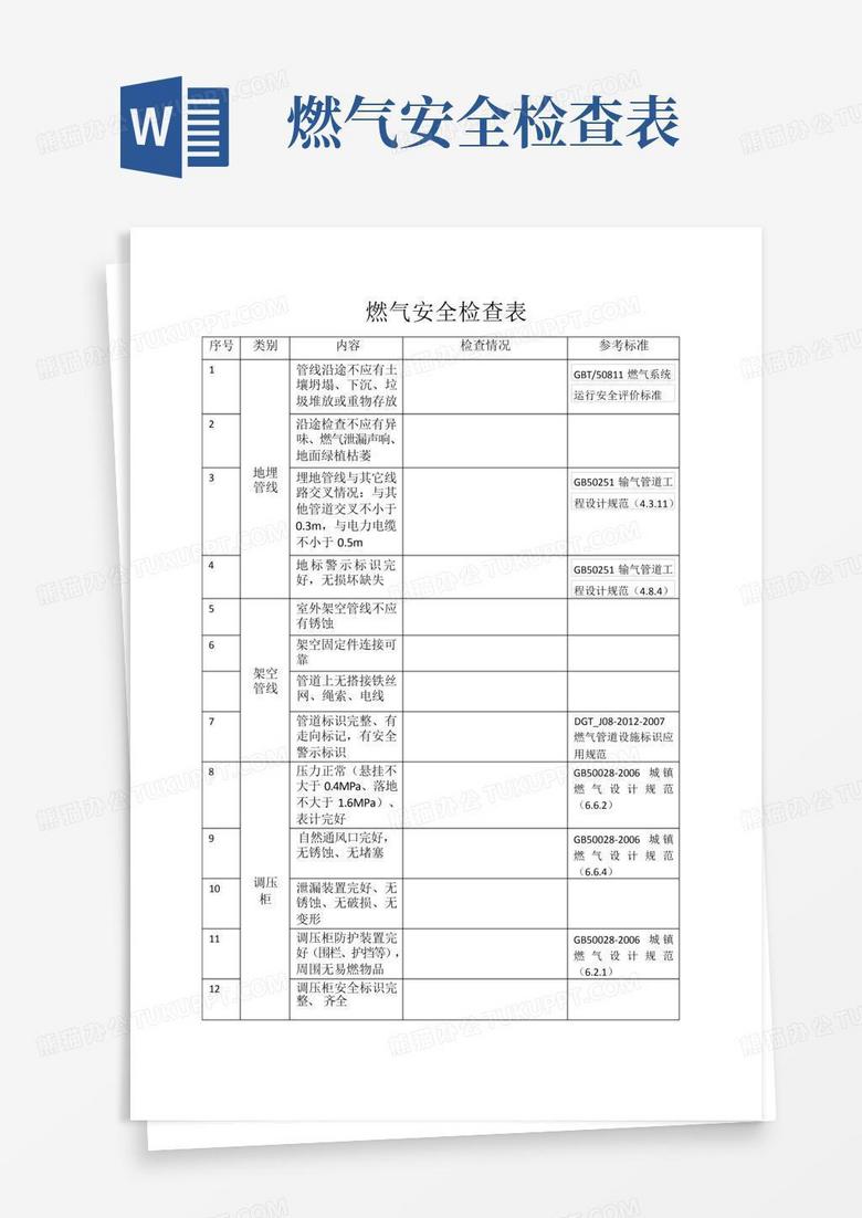 燃气安全检查表Word模板下载 编号qxebwzkm 熊猫办公