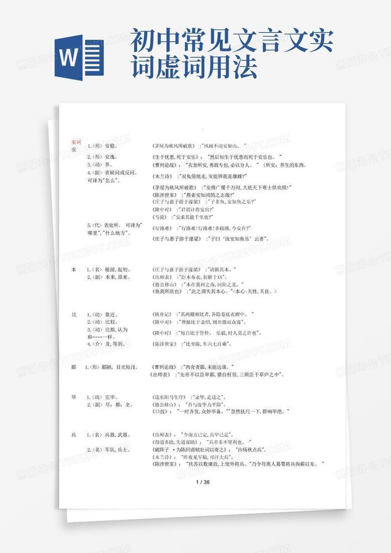 初中常见文言文实词虚词用法Word模板下载 编号qwryrmdy 熊猫办公