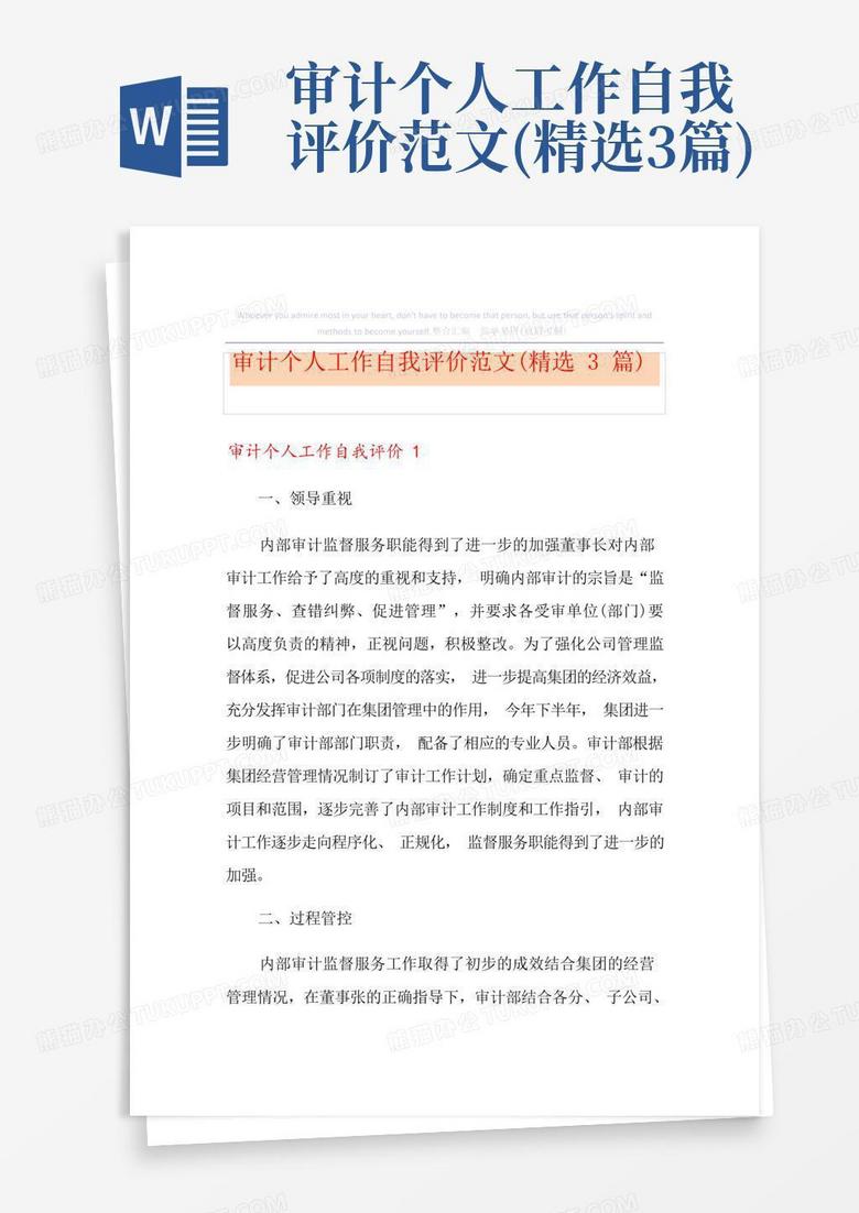 审计个人工作自我评价范文 精选3篇 Word模板下载 编号lvkwrkmg 熊猫办公