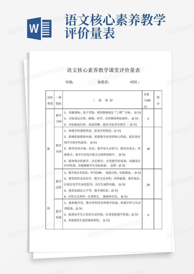 语文核心素养教学评价量表Word模板下载 编号lyrjdypo 熊猫办公
