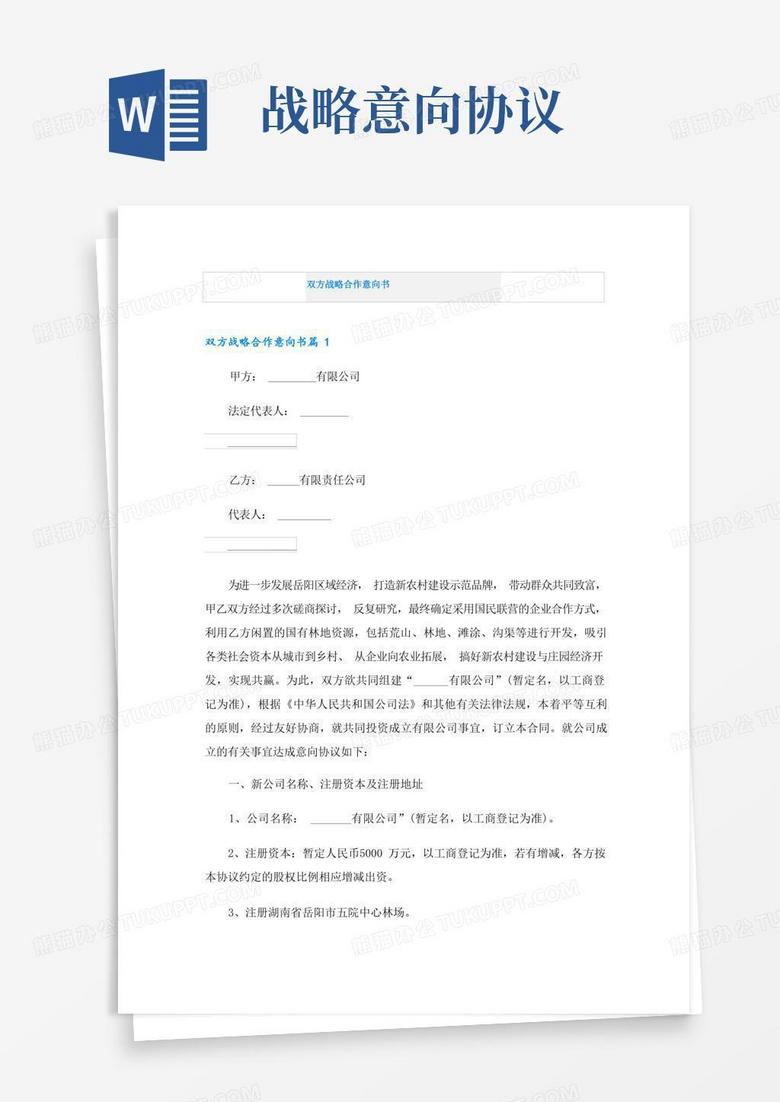 双方战略合作意向书Word模板下载 熊猫办公