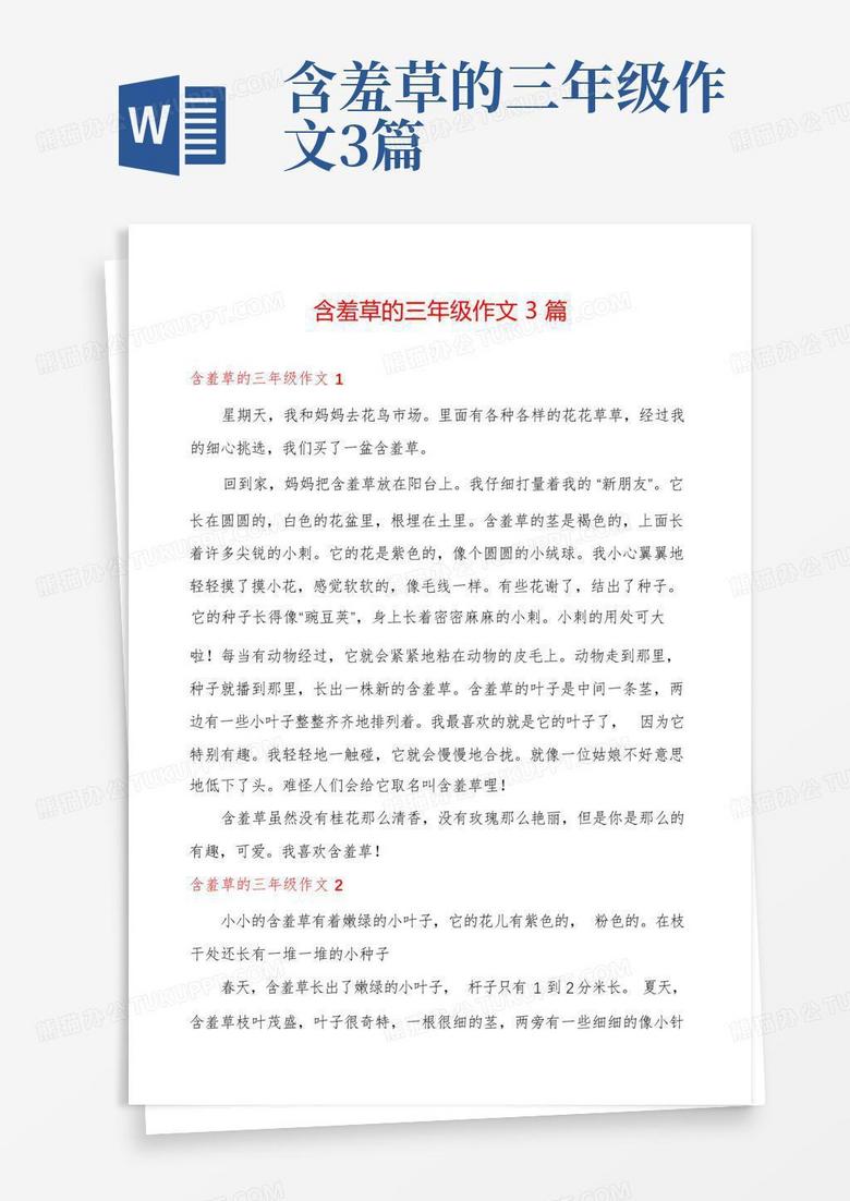 含羞草的三年级作文3篇Word模板下载 编号qammepak 熊猫办公