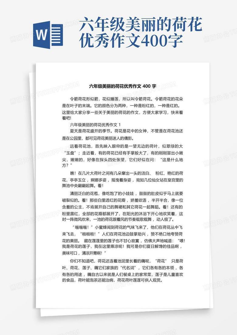 六年级美丽的荷花优秀作文400字Word模板下载 编号qvapygpb 熊猫办公