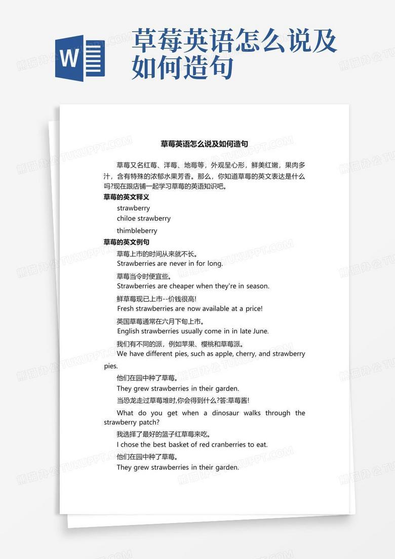 草莓英语怎么说及如何造句Word模板下载 编号qamokpbg 熊猫办公