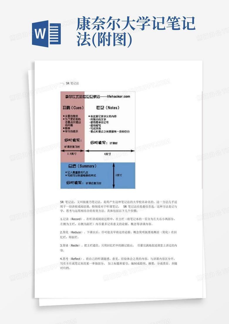 康奈尔大学记笔记法 附图 Word模板下载 编号qponwngk 熊猫办公