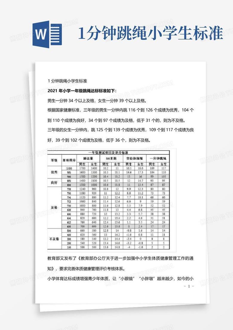 1分钟跳绳小学生标准Word模板下载 编号qpooygde 熊猫办公