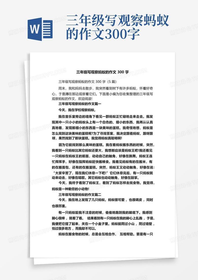 三年级写观察蚂蚁的作文300字Word模板下载 编号lnwnvvov 熊猫办公