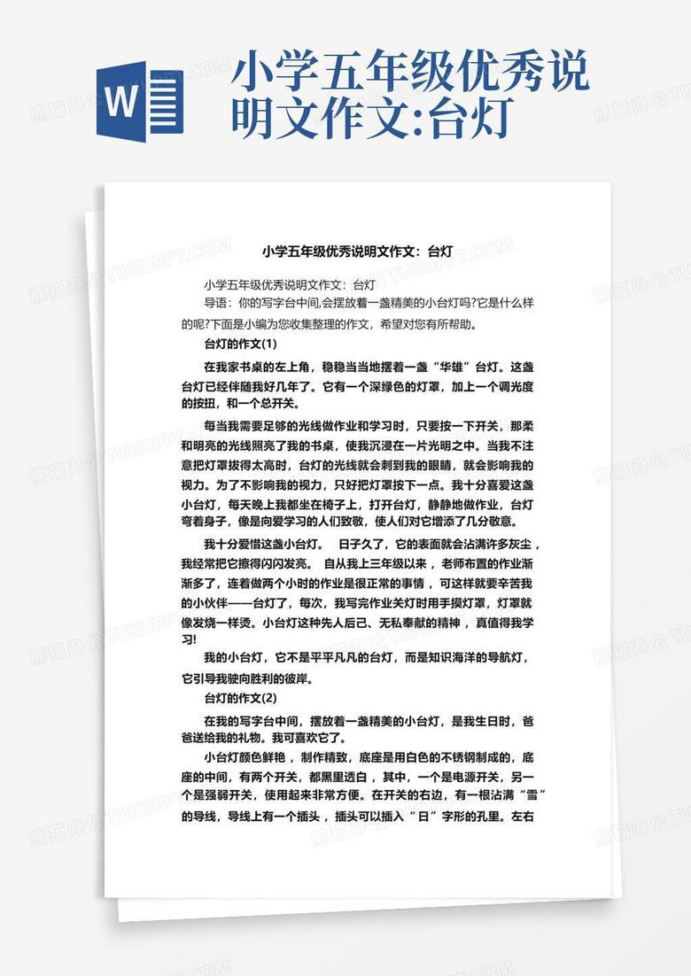 小学五年级优秀说明文作文 台灯Word模板下载 编号lzeydadx 熊猫办公