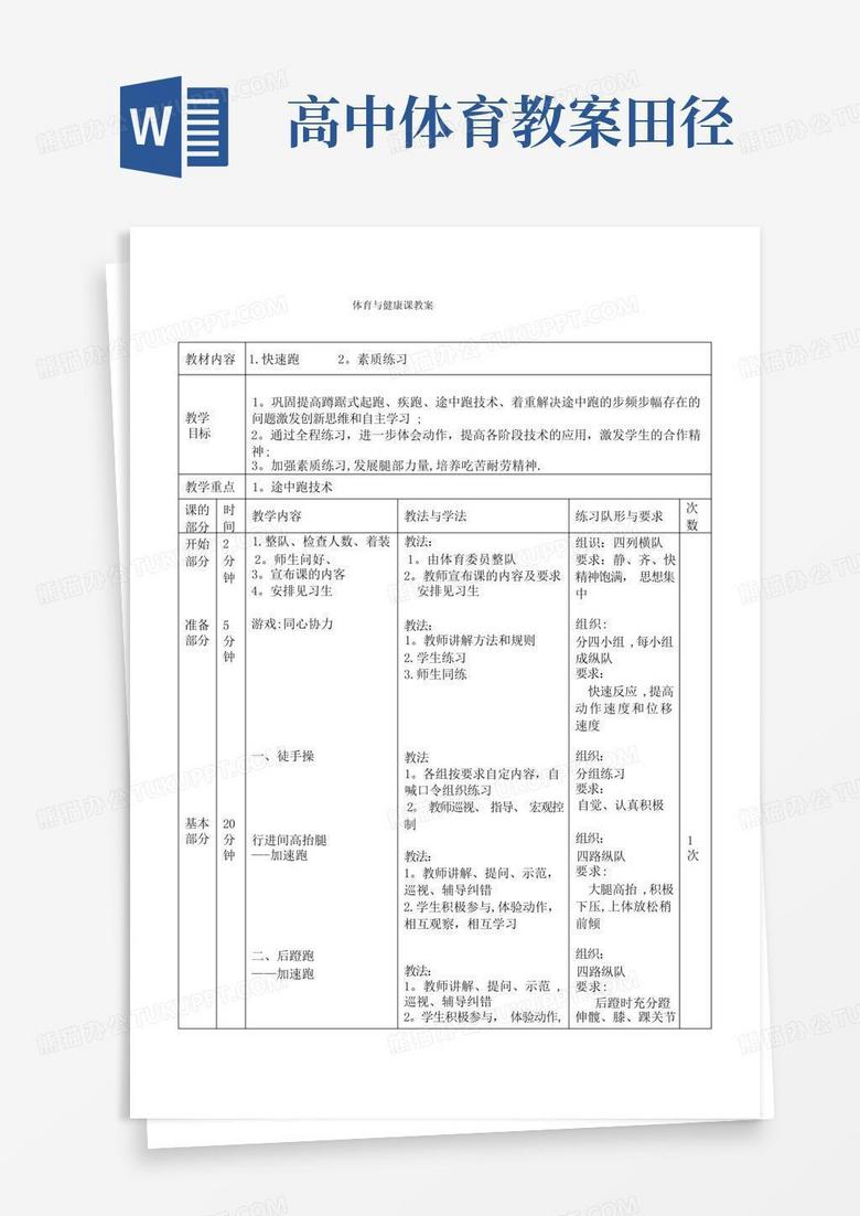 高中体育田径快速跑教案Word模板下载 编号lxnvmjjw 熊猫办公