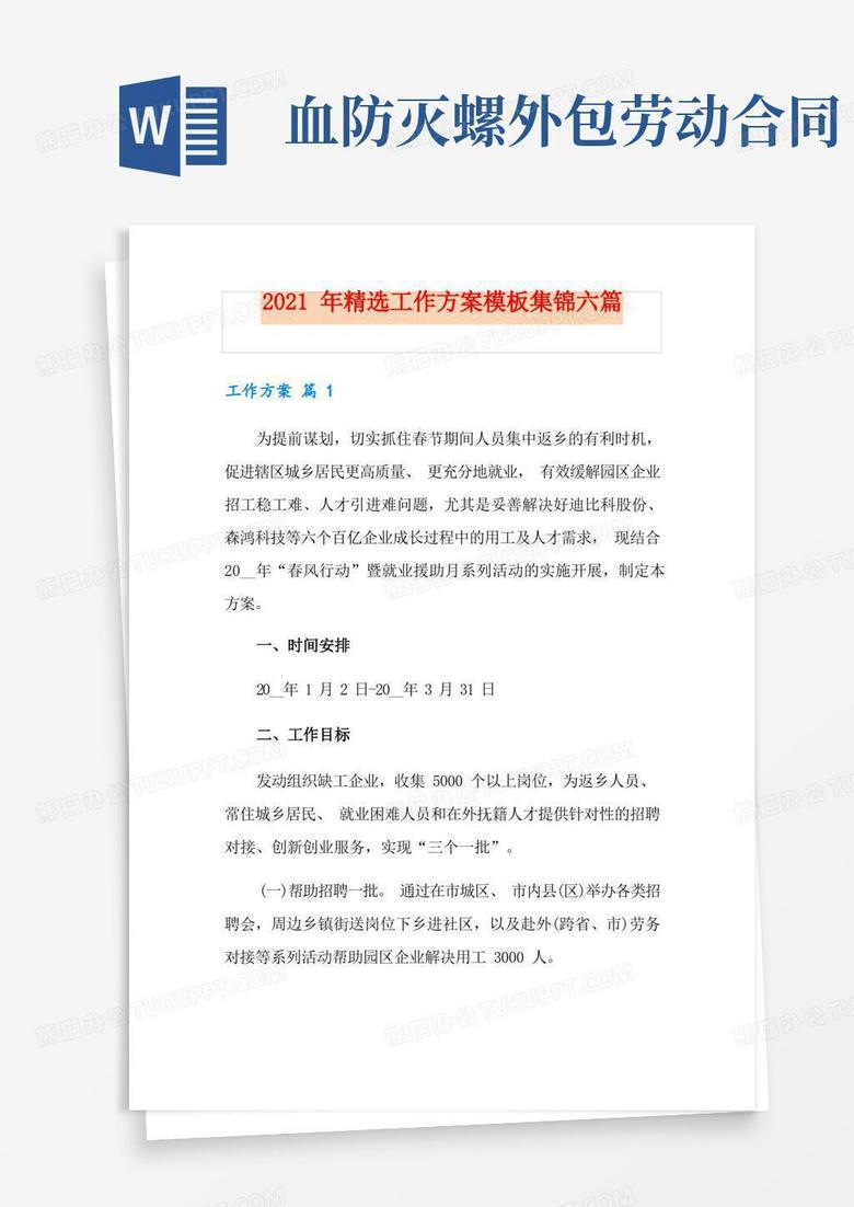 精品2021年精选工作方案集锦六篇Word模板下载 编号lnvyrjzm 熊猫办公