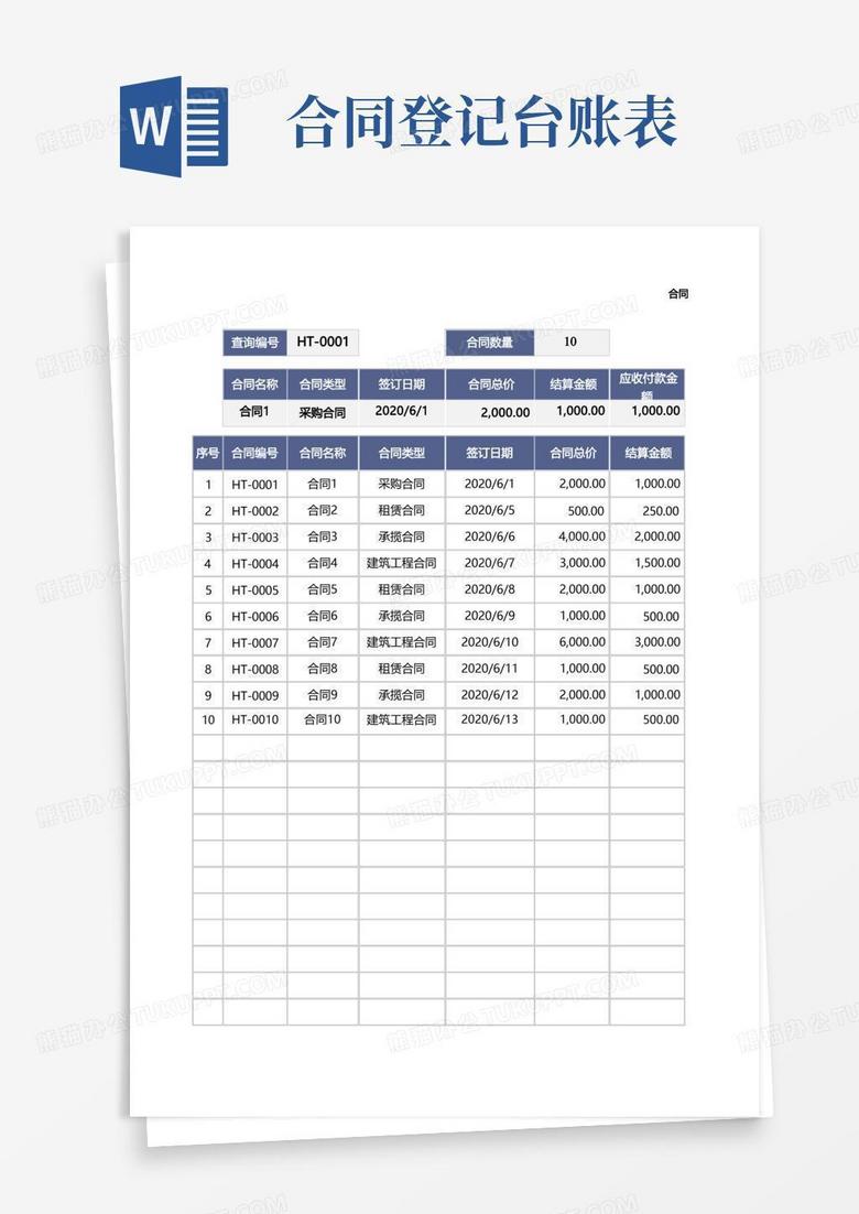 合同登记台账 查询明细 完整版 Word模板下载 编号qgnaybpm 熊猫办公