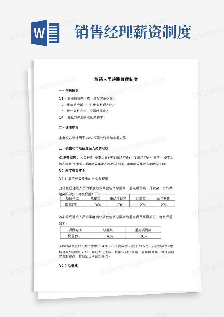 营销人员薪酬管理制度范本Word模板下载 熊猫办公
