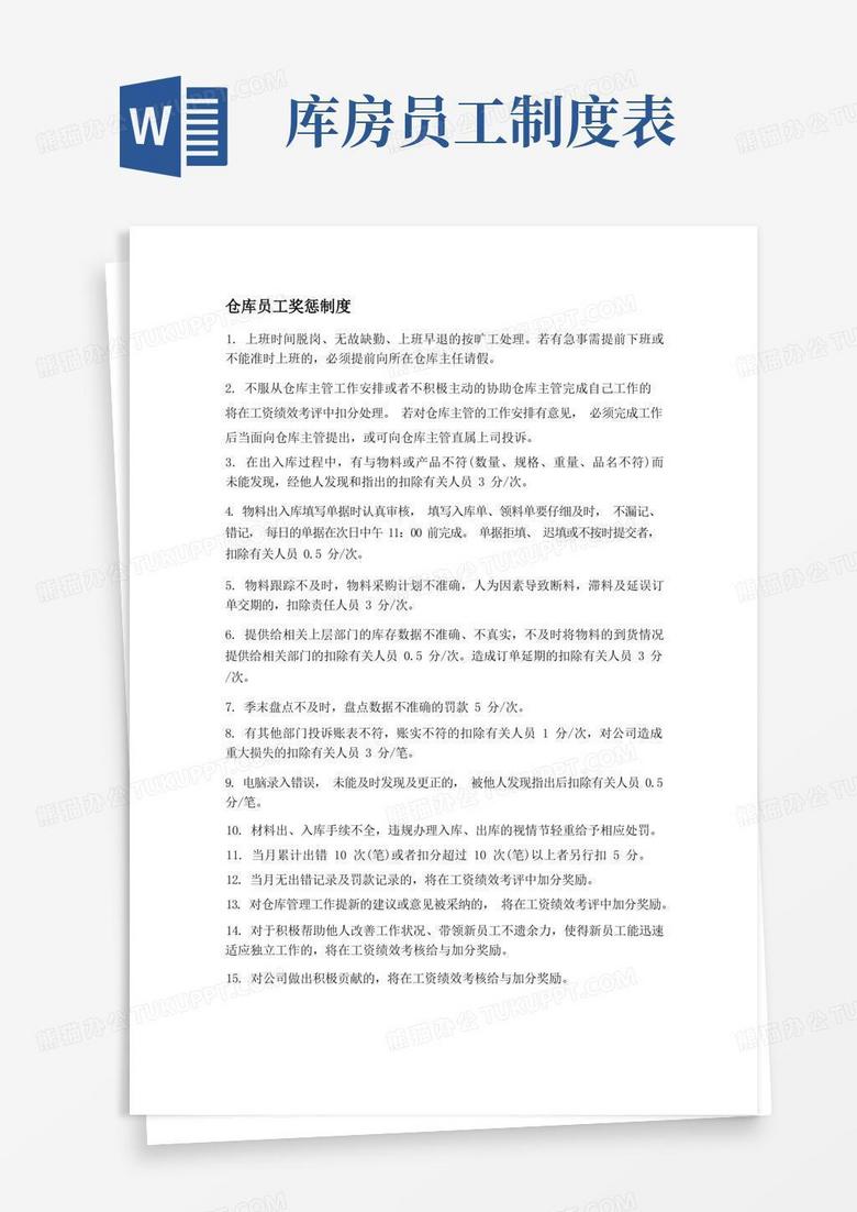仓库员工奖惩制度Word模板下载 编号qzbwzxdz 熊猫办公
