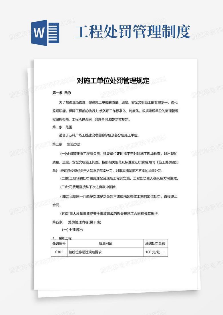 对施工单位处罚管理规定Word模板下载 熊猫办公