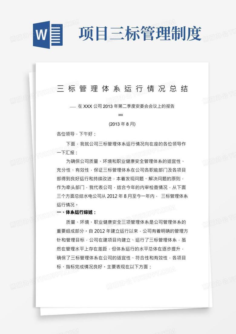 公司三标管理体系运行情况报告Word模板下载 熊猫办公