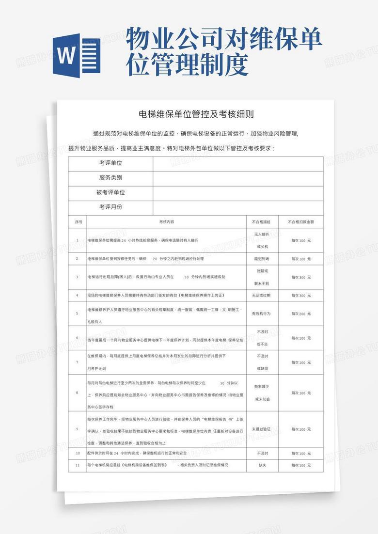 物业公司对电梯维保单位管控及考核细则Word模板下载 编号qmdwrgma 熊猫办公