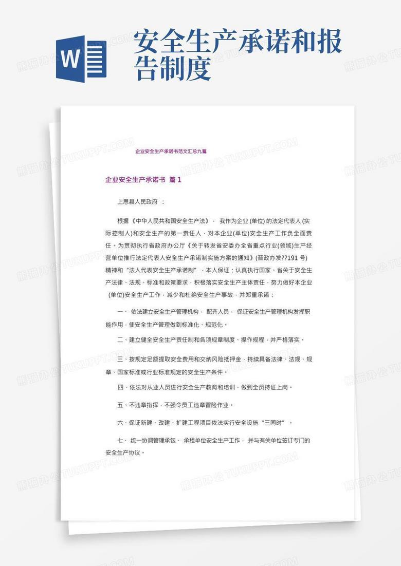 企业安全生产承诺书范文汇总九篇Word模板下载 熊猫办公