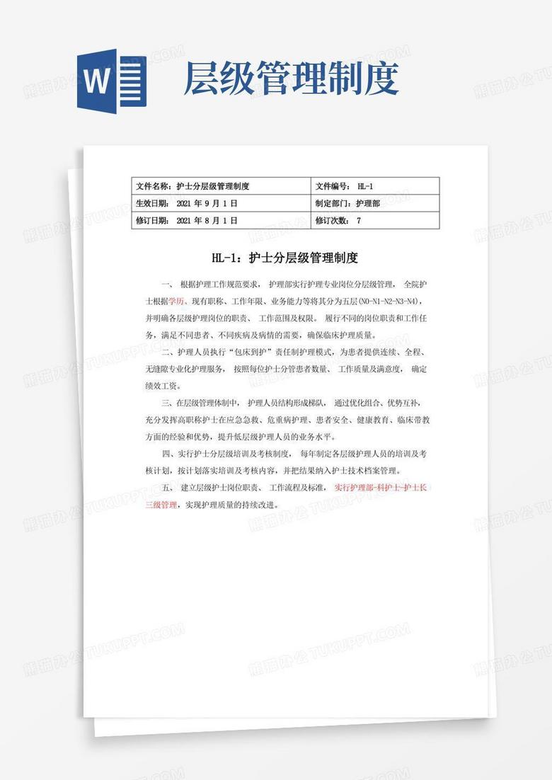 护士分层级管理制度Word模板下载 编号qdnajyep 熊猫办公