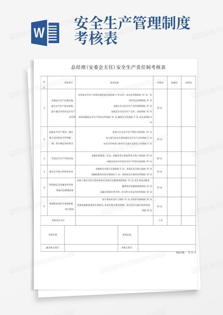 安全生产责任制考核表 全套 Word模板下载 编号qvboomwn 熊猫办公