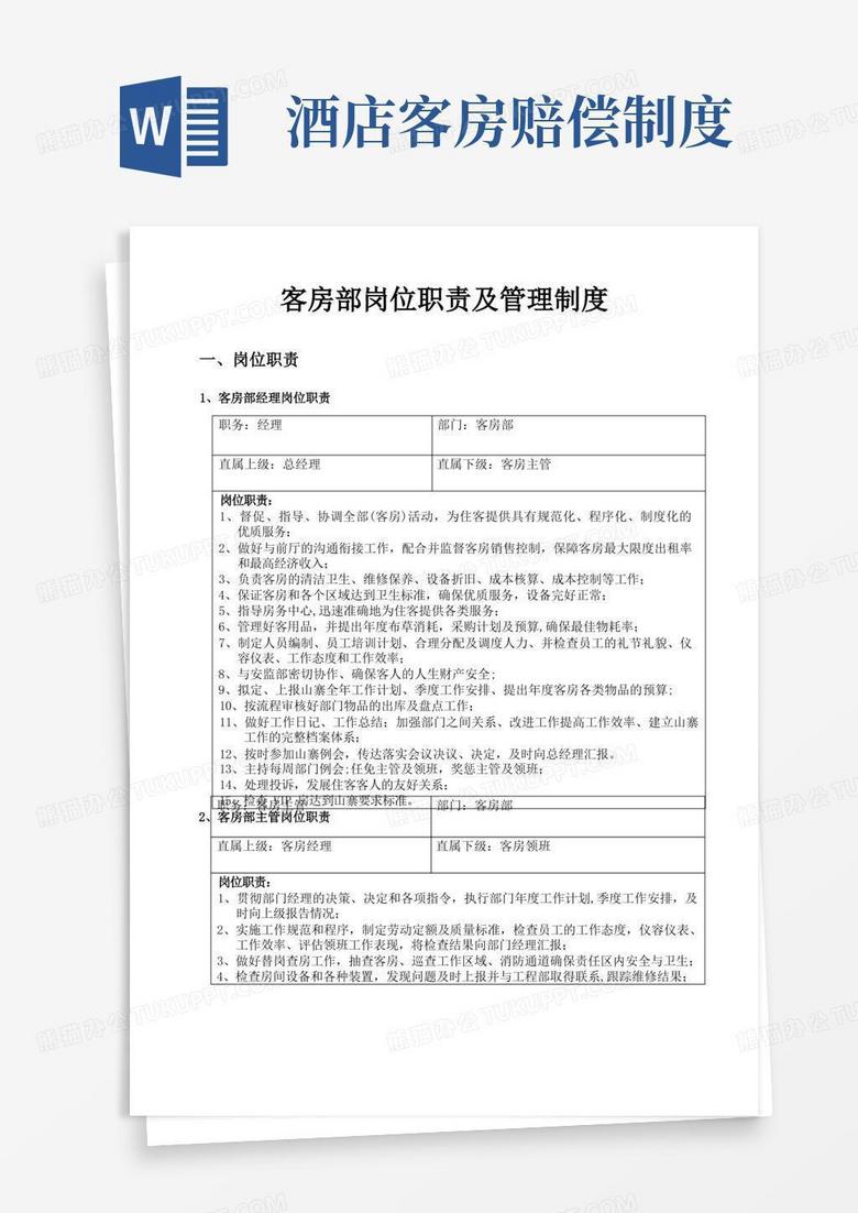 酒店客房部管理制度Word模板下载 编号qyzmxnbj 熊猫办公