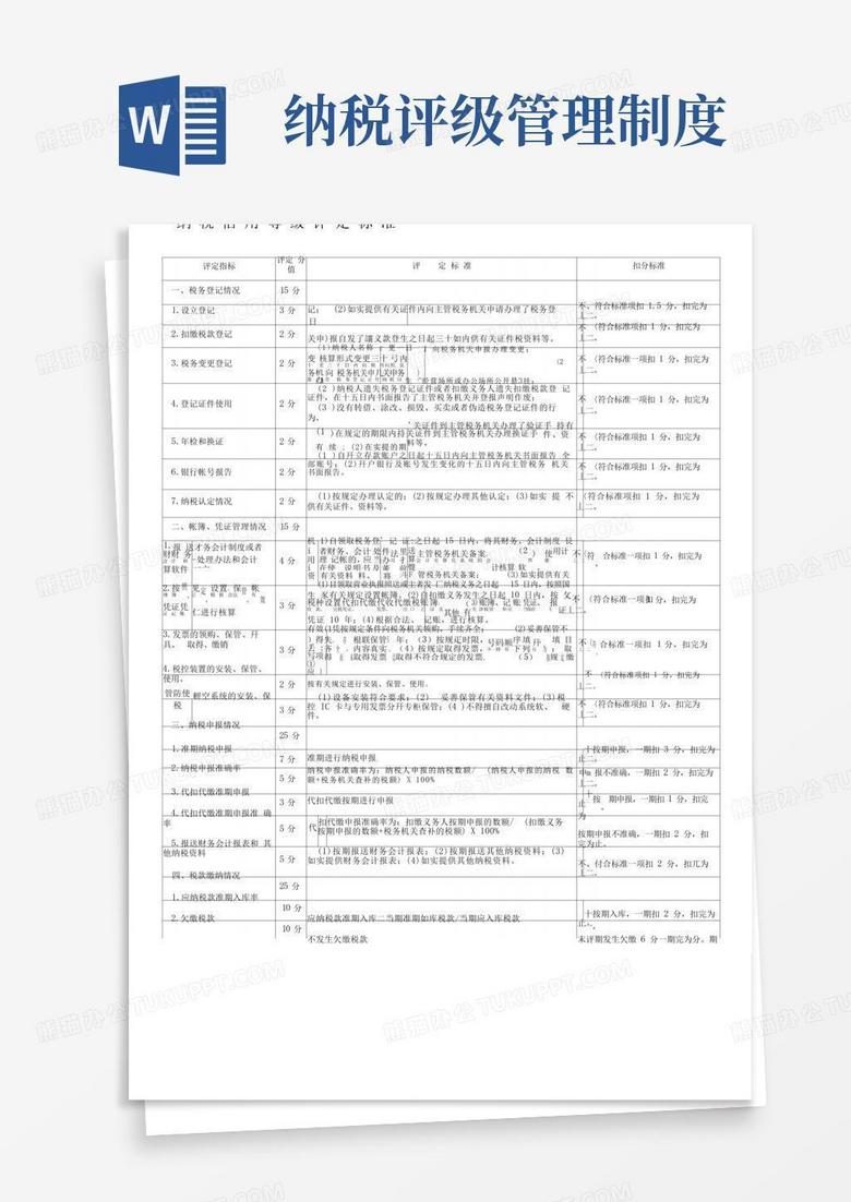 纳税信用等级评定标准扣分标准Word模板下载 编号lxdkxmvx 熊猫办公