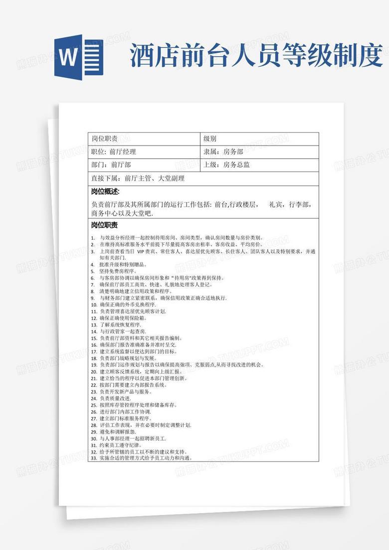 酒店前厅部各岗位工作职责Word模板下载 编号lexwewwg 熊猫办公