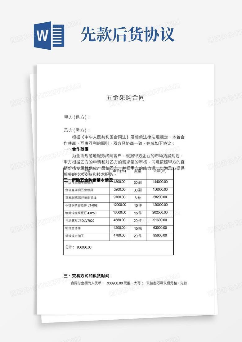 五金购销合同Word模板下载 编号qyzzkxmm 熊猫办公