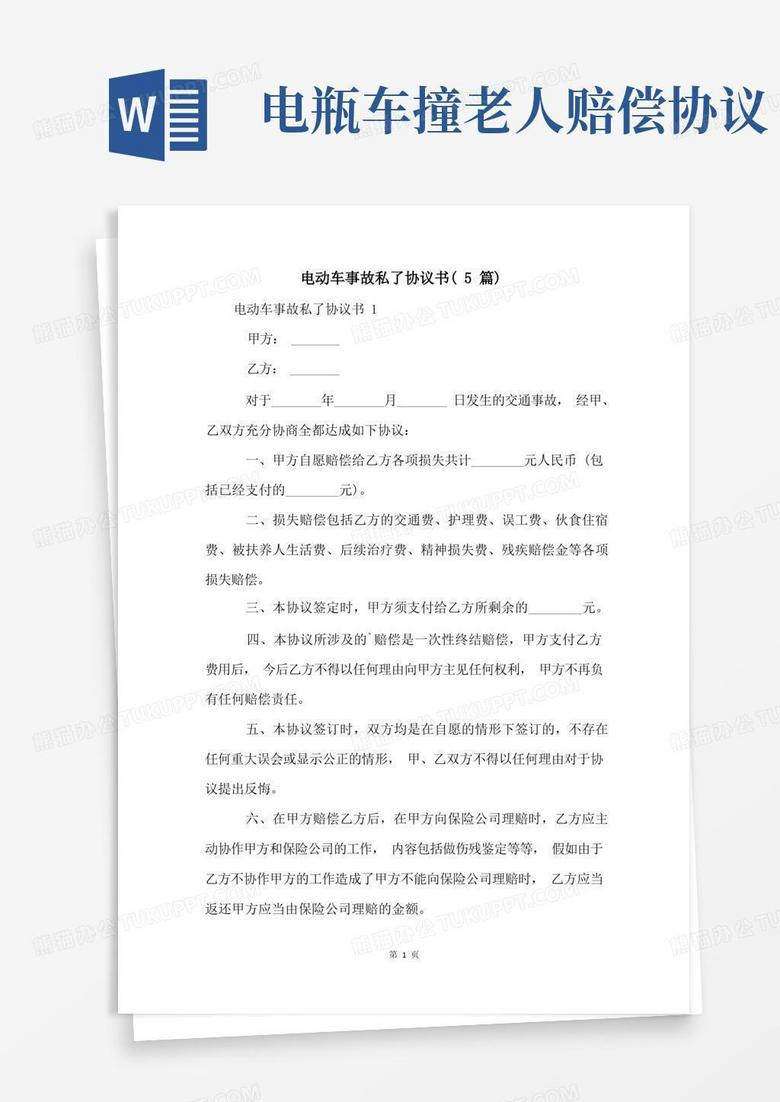 电动车事故私了协议书 5篇 Word模板下载 熊猫办公