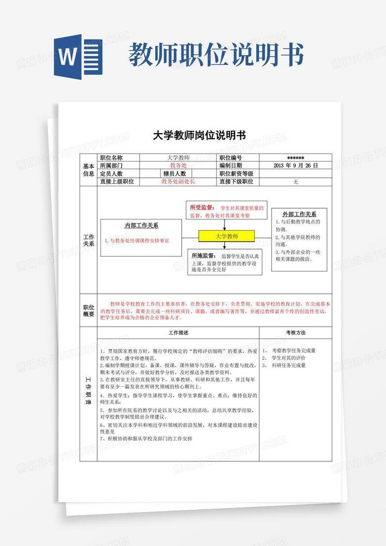 大学教师岗位说明书Word模板下载 编号qznkopdv 熊猫办公