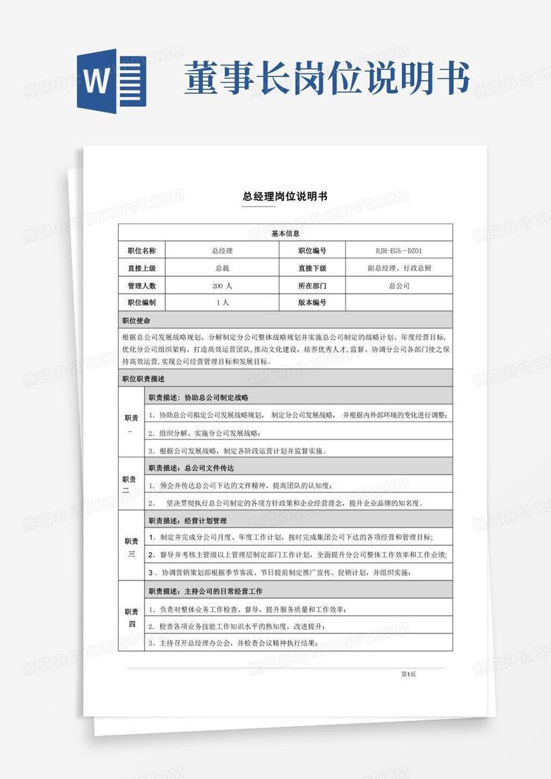 总经理岗位说明书Word模板下载 编号lbxgvmdp 熊猫办公