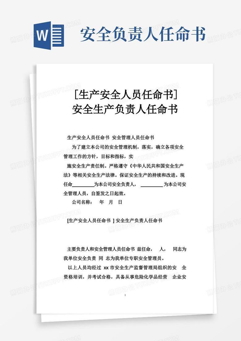生产安全人员任命书 安全生产负责人任命书Word模板下载 编号qvbjderp 熊猫办公