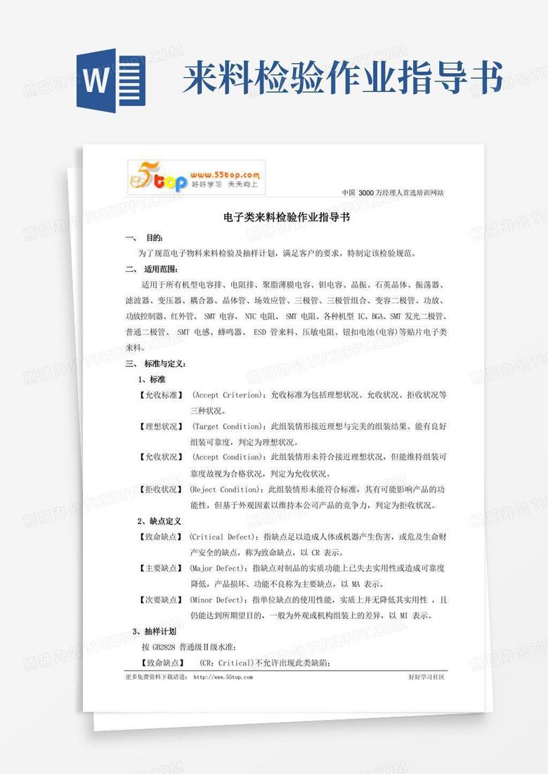 电子类来料检验作业指导书Word模板下载 熊猫办公