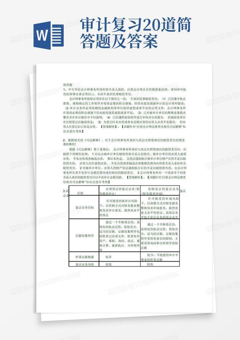 审计复习20道简答题及答案Word模板下载 熊猫办公