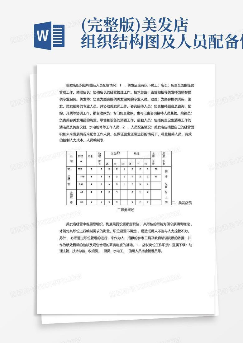 完整版 美发店组织结构图及人员配备情况Word模板下载 编号qgpjxbro 熊猫办公