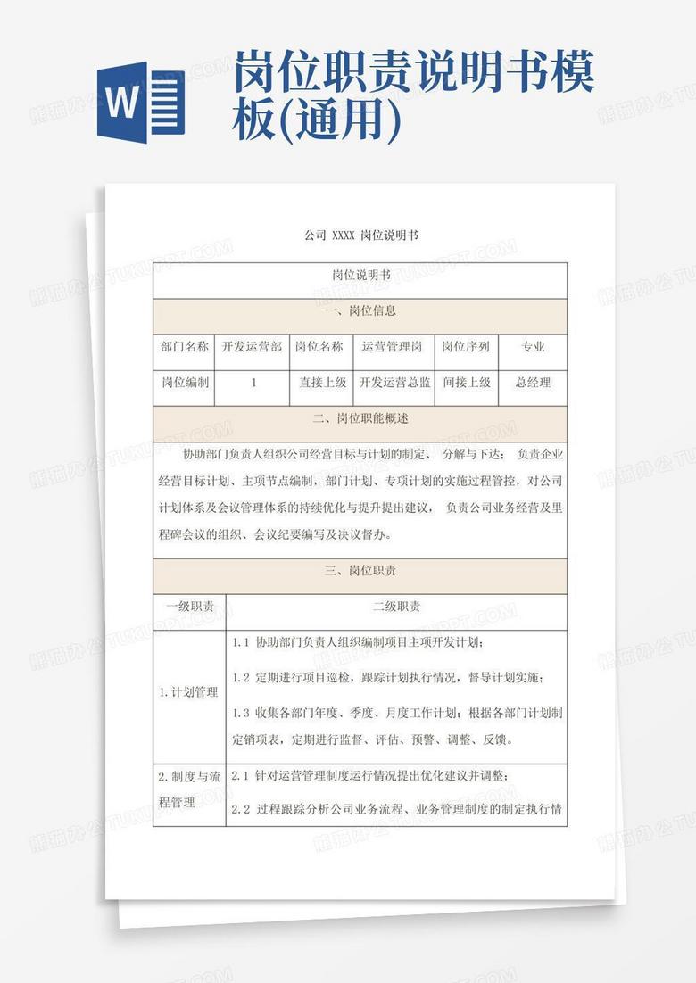 岗位职责说明书 通用 Word模板下载 编号lbxzmkbj 熊猫办公