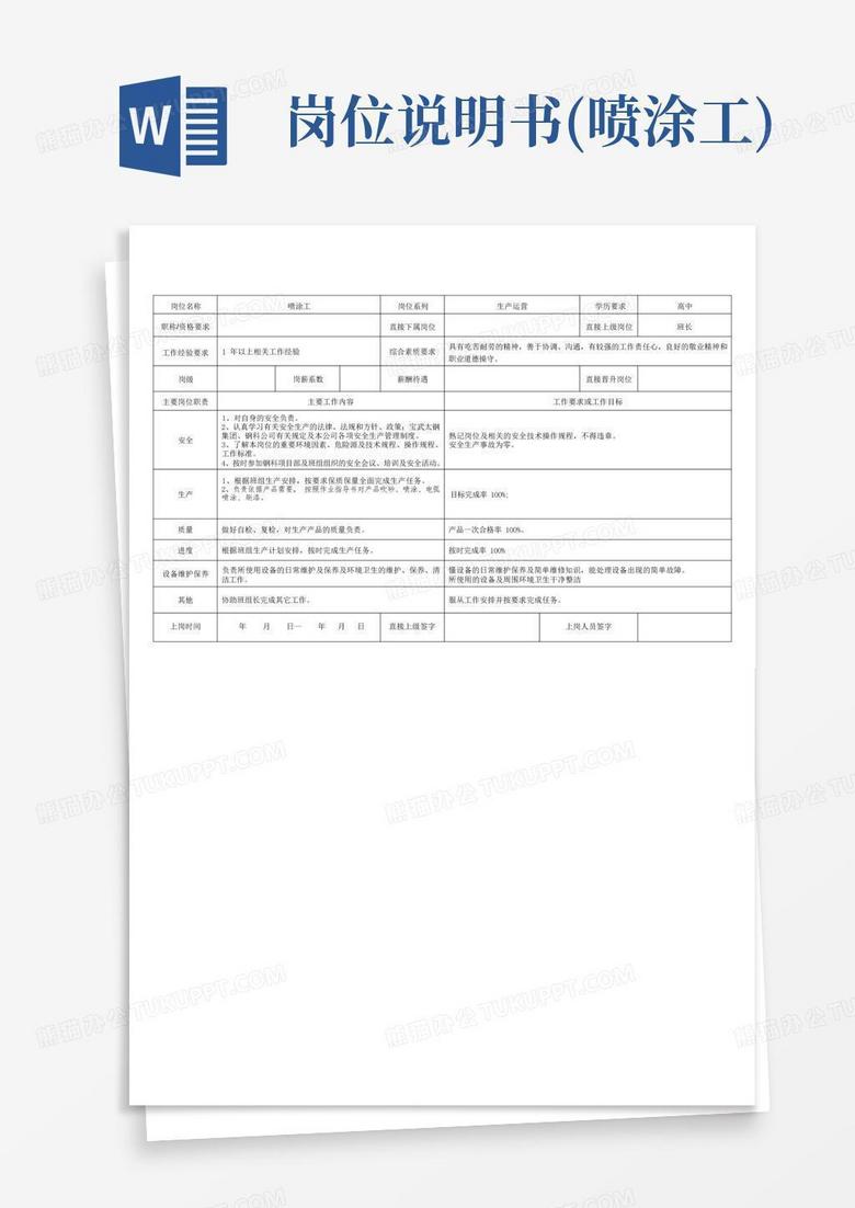 岗位说明书 喷涂工 Word模板下载 编号qwkgpdyz 熊猫办公