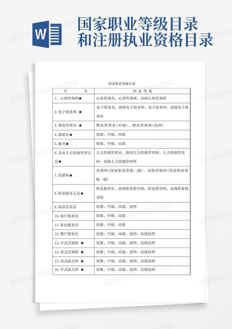 国家职业等级目录和注册执业资格目录Word模板下载 编号lrmaxngr 熊猫办公