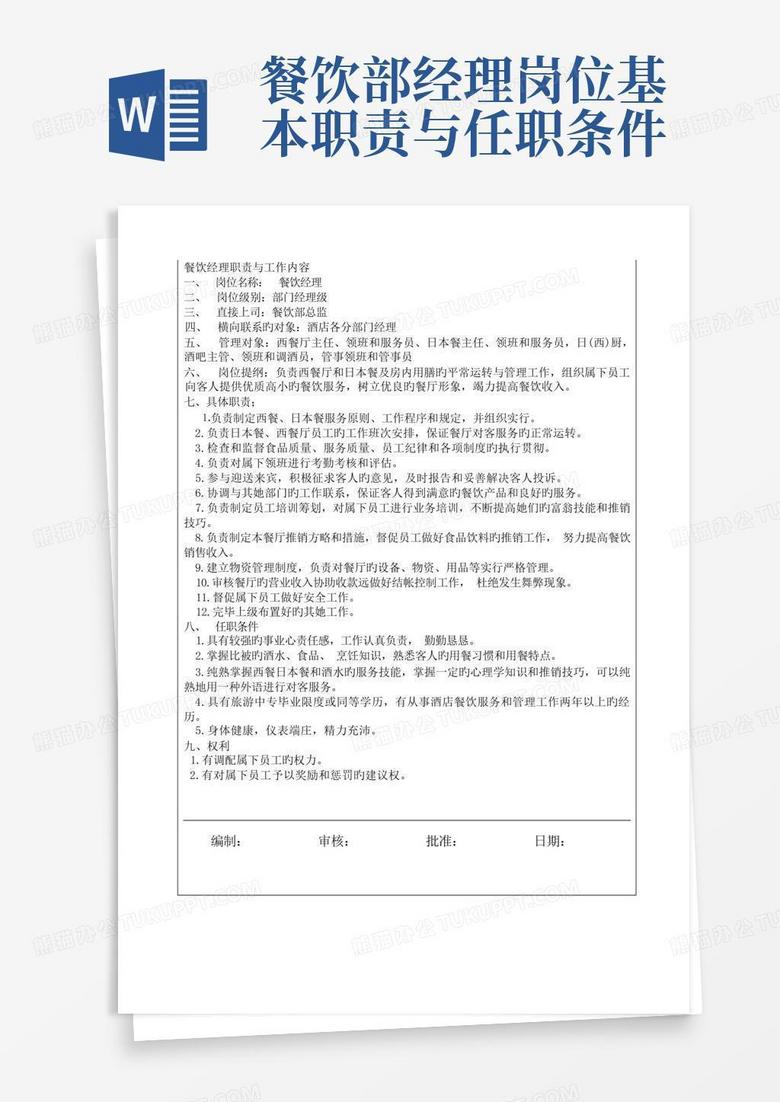 餐饮部经理岗位基本职责与任职条件Word模板下载 编号qdvydjvv 熊猫办公